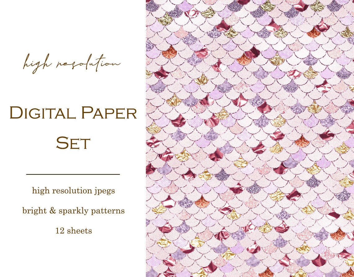 Pink Mermaid Scales Digital Paper Set Watercolor Paper Gold - Etsy