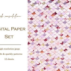 Pink Mermaid Scales Digital Paper Set, Watercolor Paper, Gold Scales ...