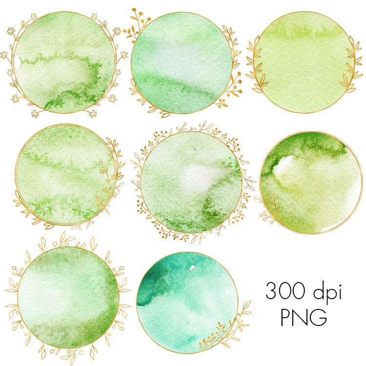 Green Gold Watercolor Circles Floral Frames Gold Ornaments - Etsy