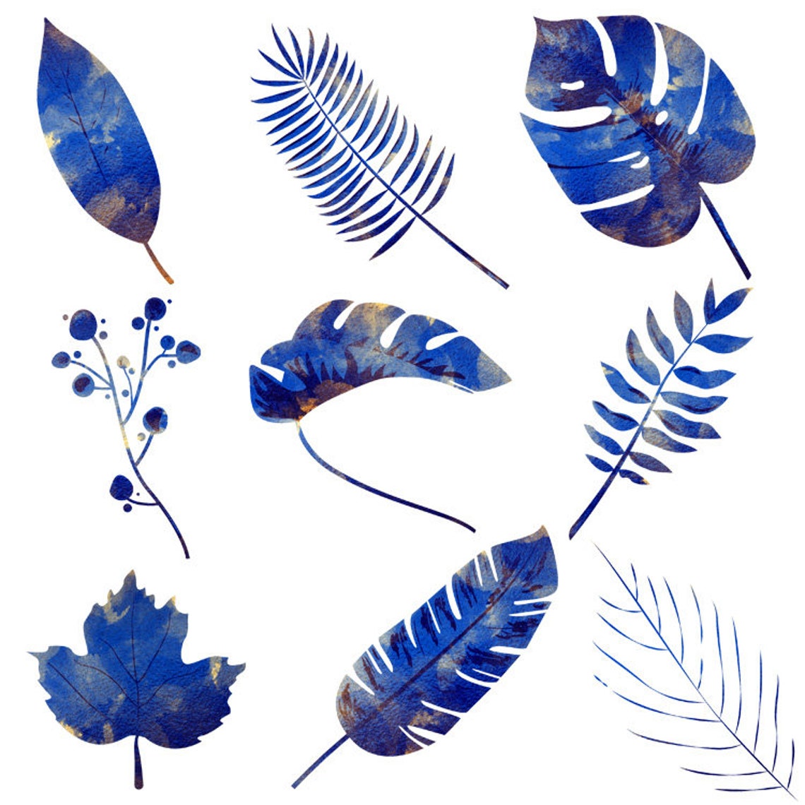Gold Tropical Leaves Clipart, Navy and Turquoise Tropical Leaves Clip ...