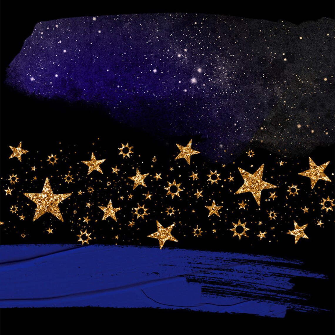 Night Sky Brush Strokes Clipart, Gold Stars Confetti, Paint Splatters ...