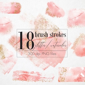 Blush Watercolor Brush Strokes Clipart, Gold Glitter Brush Strokes ...
