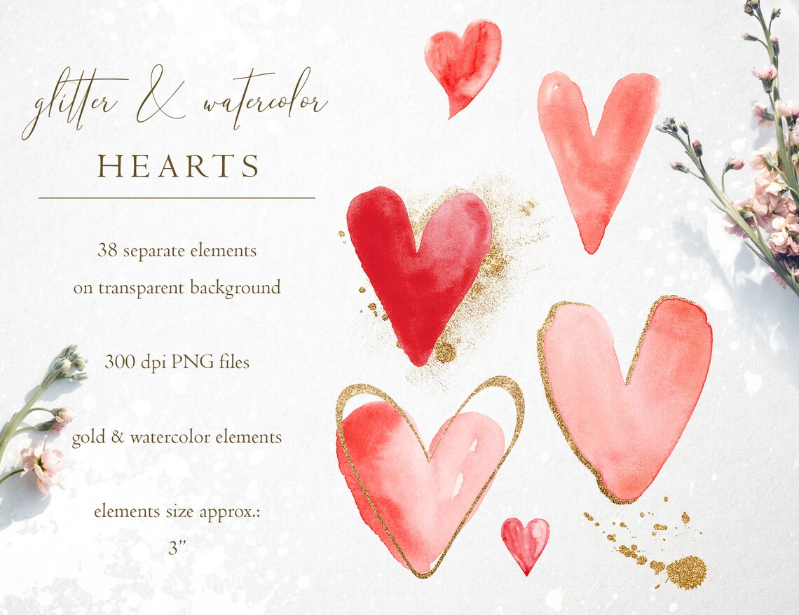 Red Watercolor and Gold Glitter Hearts Heart Clipart | Etsy