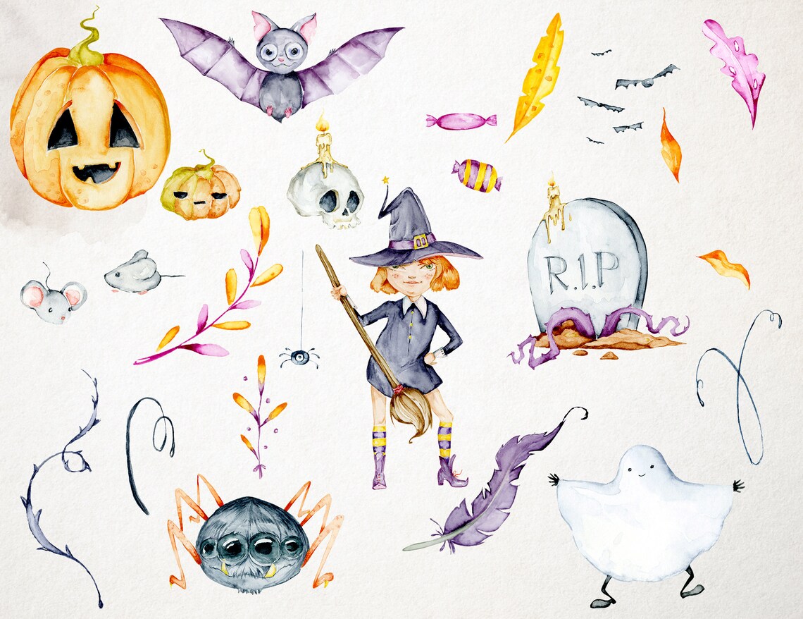 Watercolor Halloween Clip Art Watercolor Pumpkin Autumn | Etsy
