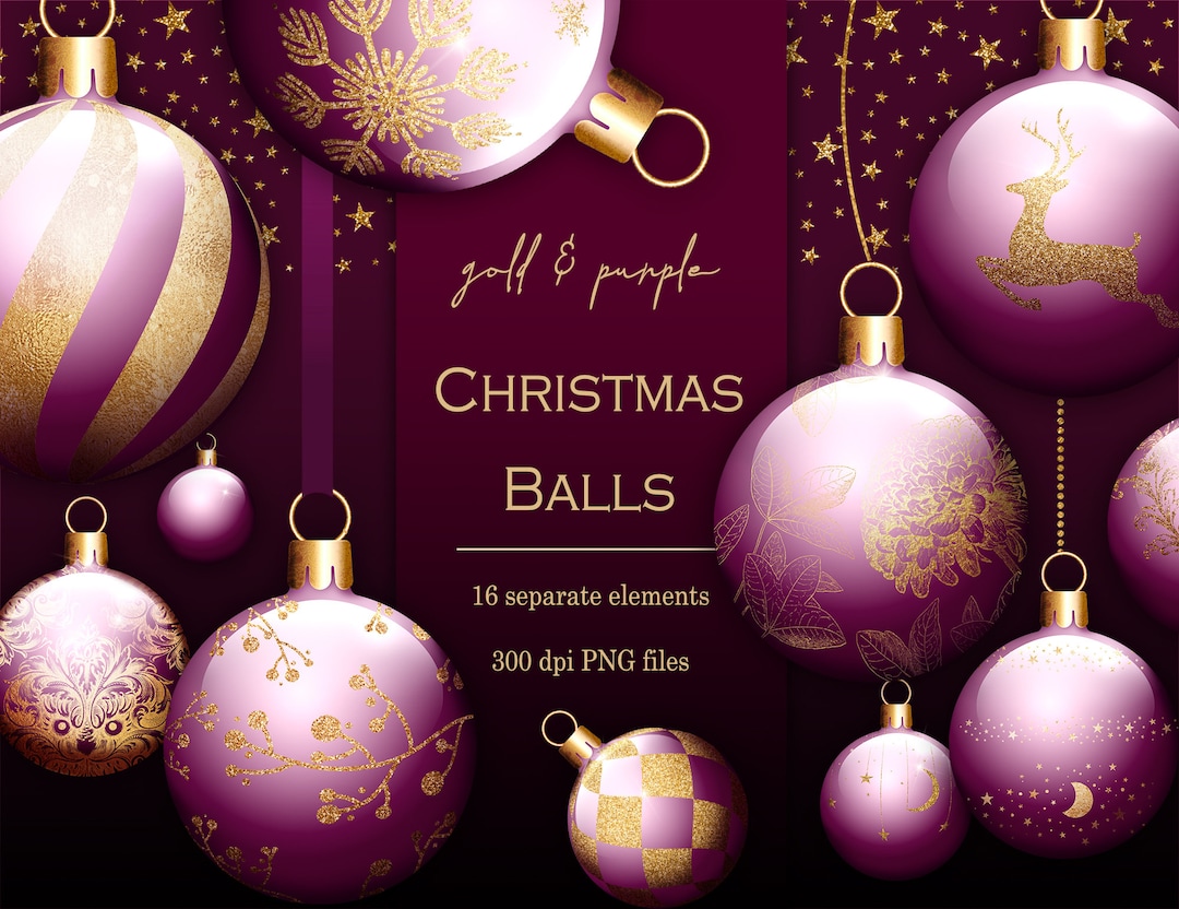 Purple Christmas Baubles Clipart, Gold Christmas Balls, Winter ...
