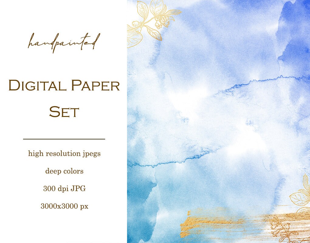 Gold Floral Watercolor Digital Paper, Watercolor Paper Clipart, Gold ...
