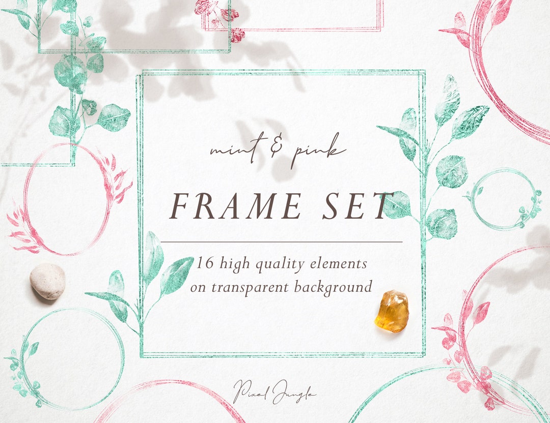 Floral Frame Clipart: Mint Green & Silver Metallic Overlays (PNG ...