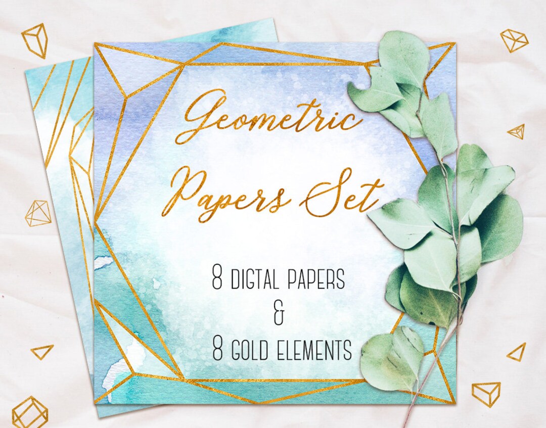 Geometric Digital Paper Clipart, Gold Invitation Template Clipart, Blue ...