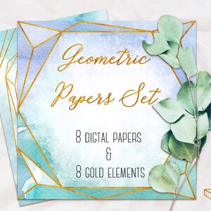 Geometric Digital Paper Clipart, Gold Invitation Template Clipart, Blue ...