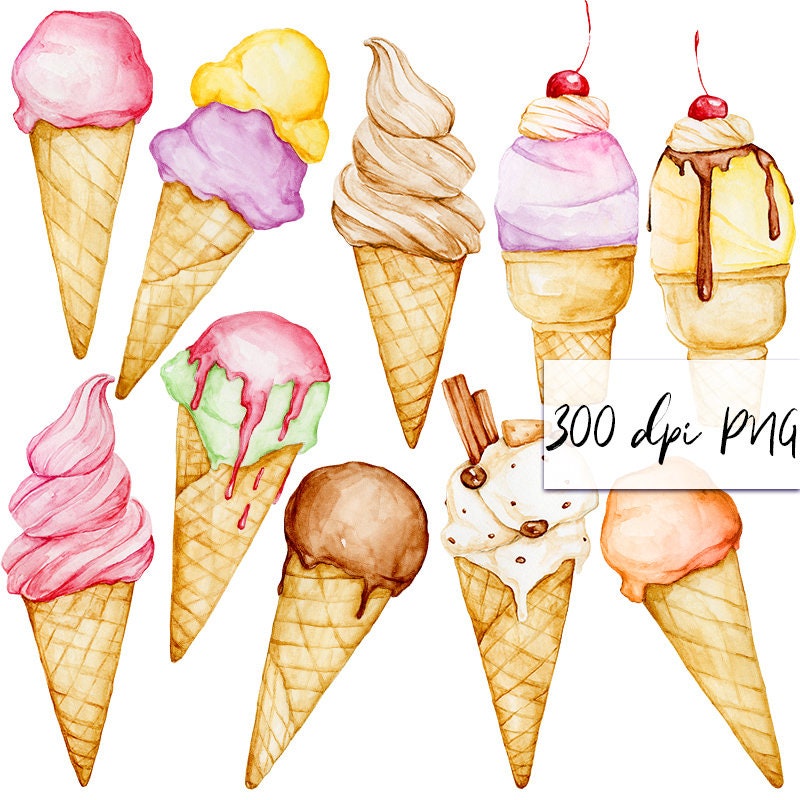 Watercolor Ice Creams Clipart Wafer Cone Ice Cream - Etsy