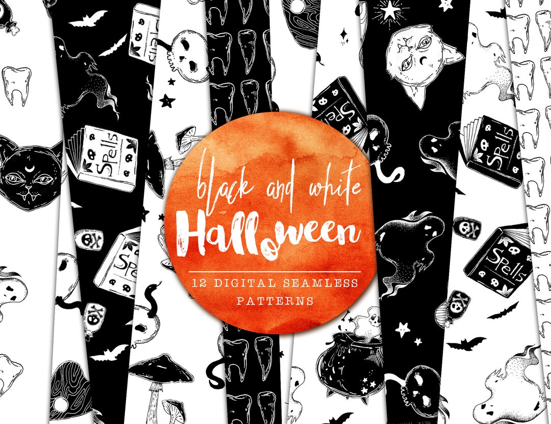 Halloween Seamless Patterns, Black and White Halloween Digital Papers ...