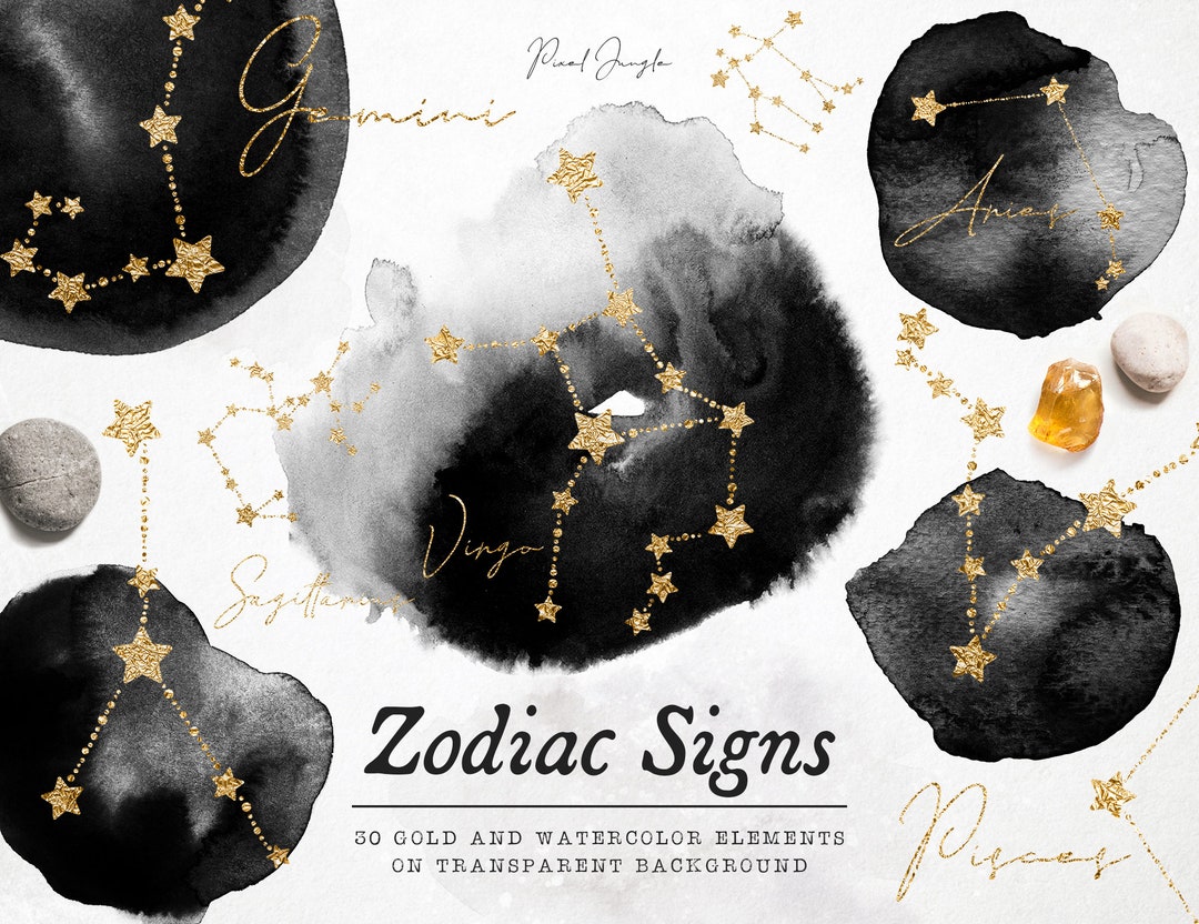 Gold Zodiac Constellations Clipart: Watercolor Astrology PNG (digital ...