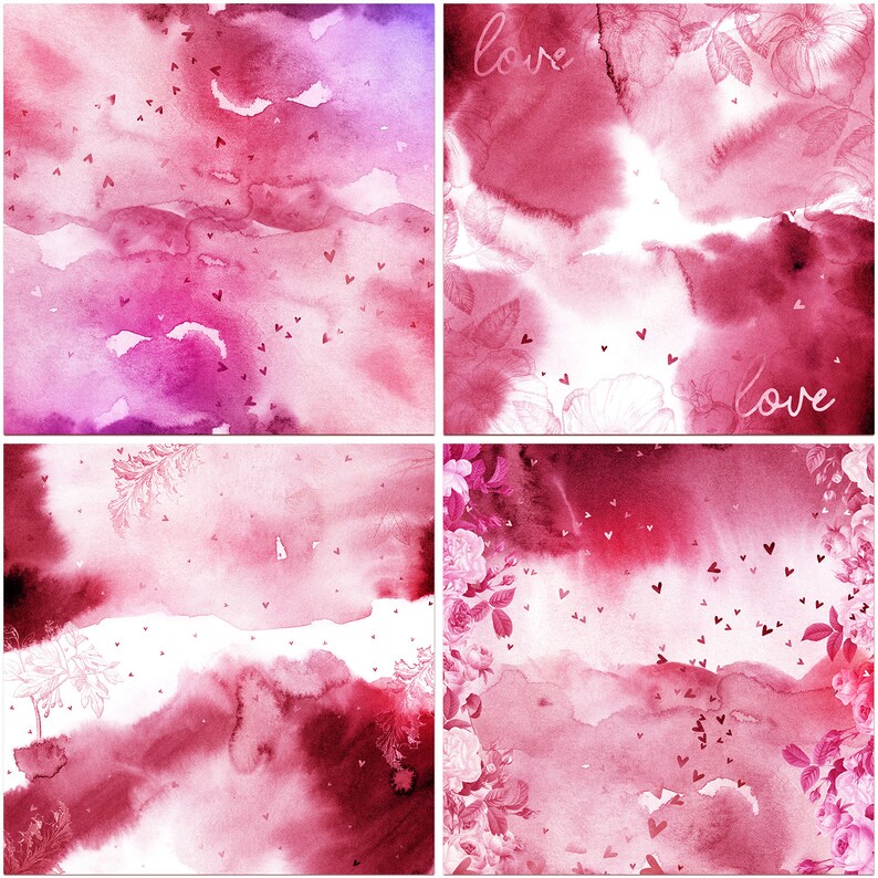 Valentine's Watercolor Digital Papers Red watercolor | Etsy