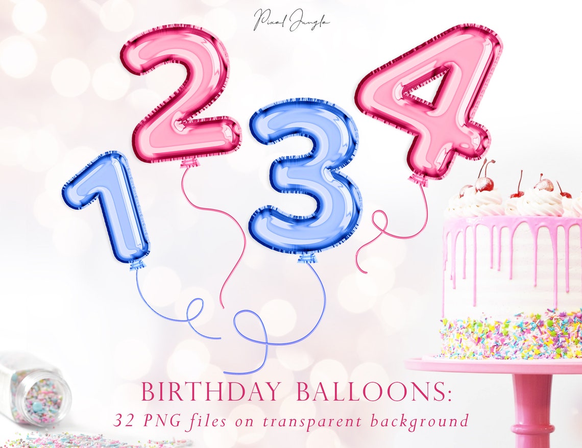 Birthday Balloon Clipart Pink Balloon Numerals Blue Balloon - Etsy