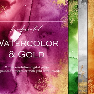 Watercolor and Gold Digital Paper Clipart, Watercolor Digital Papers ...