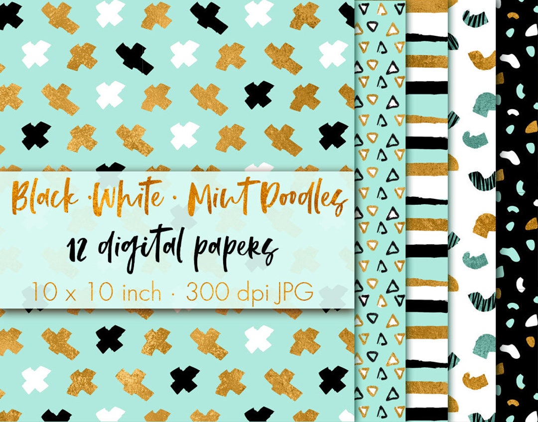 Mint Doodles Digital Paper, Gold Doodle Digital Paper, Gold Digital ...