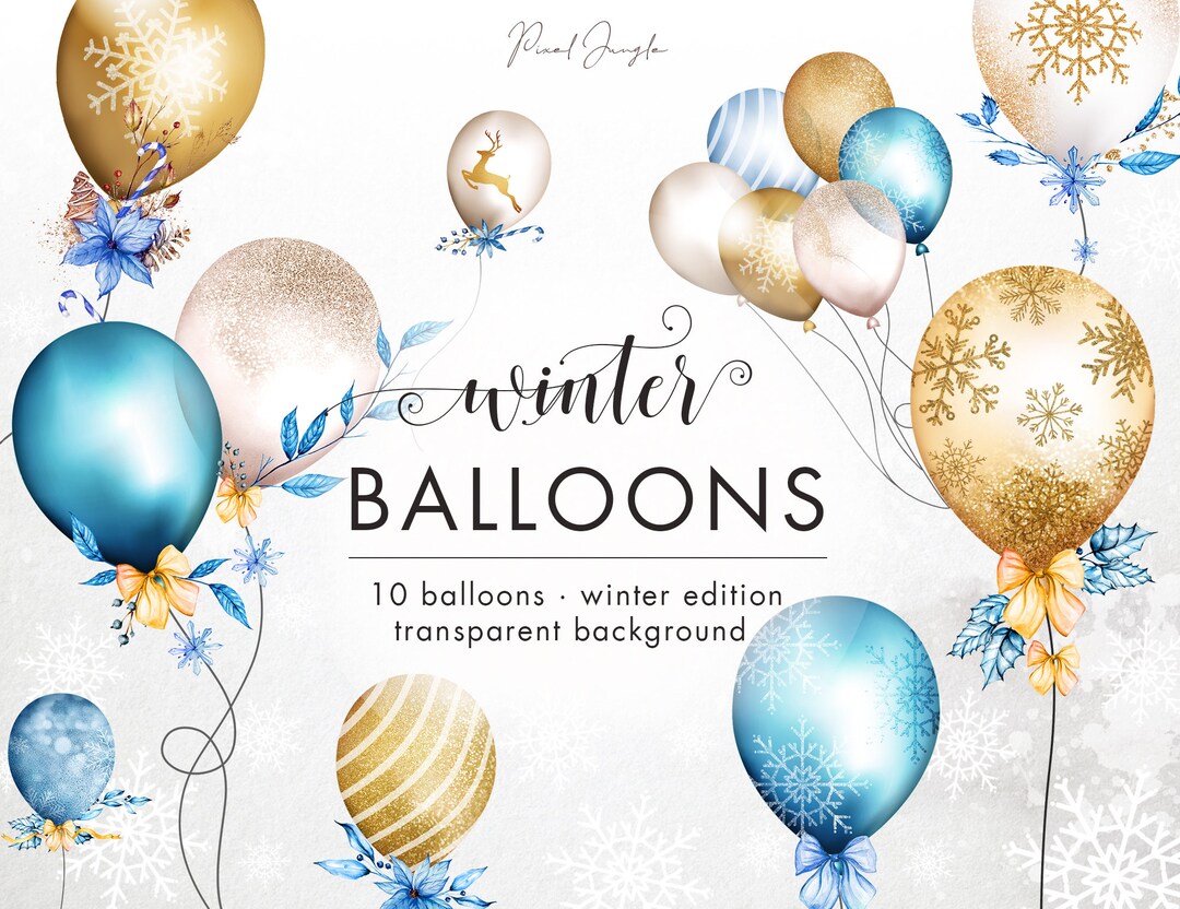 Winter Balloons Clipart, Gold Christmas Balloons, Blue and Gold Balloon ...