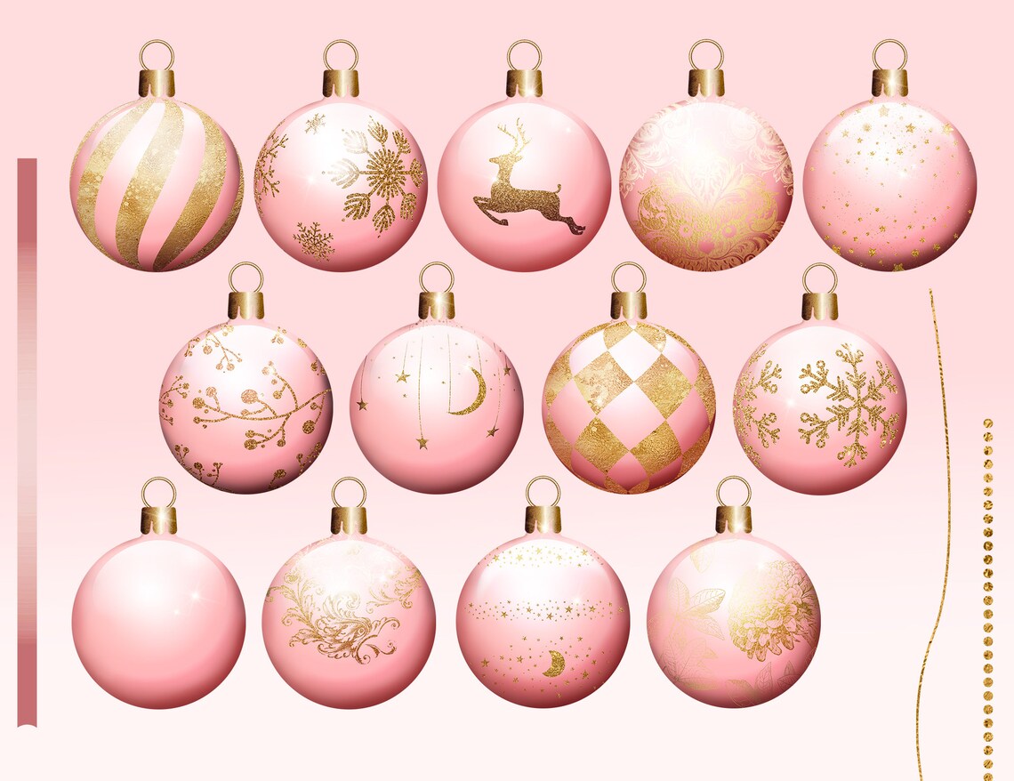 Pink Christmas Baubles Clipart Gold Christmas Balls Winter | Etsy
