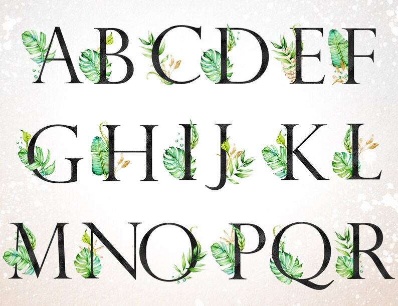 Black Foil Letters With Watercolor Palm Leaves Alphabet - Etsy