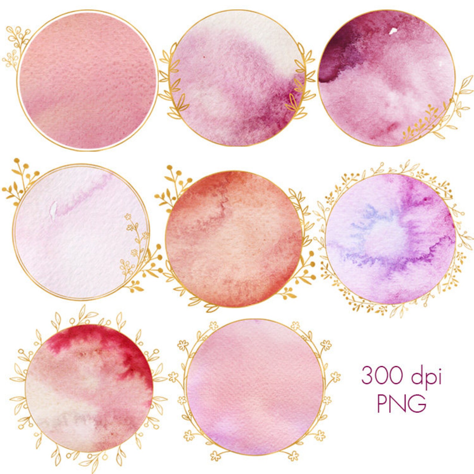 Gold Floral Watercolor Circle Clipart, Pink Design Elements (PNG) - Etsy