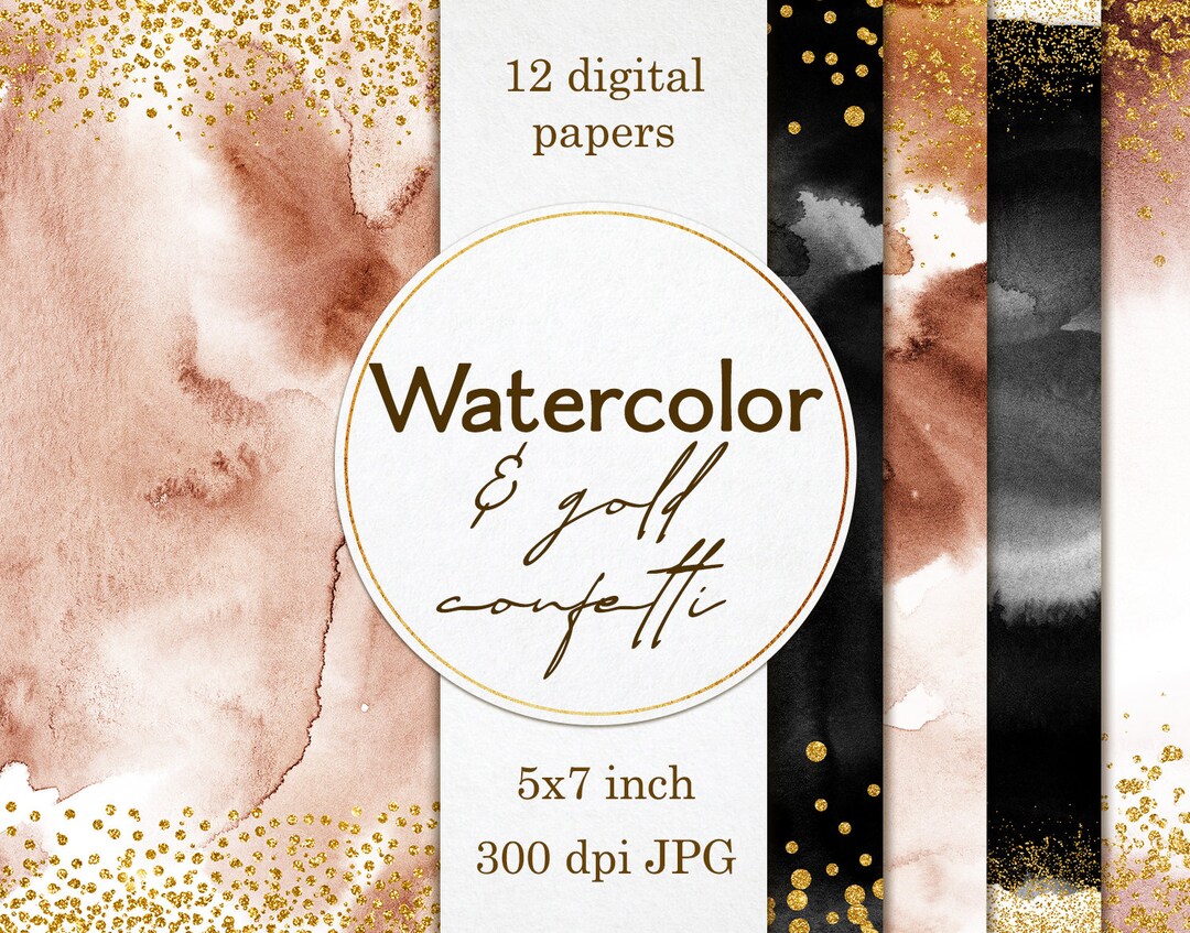 Watercolor & Gold Confetti Digital Paper, 5x7 Papers, Watercolor ...