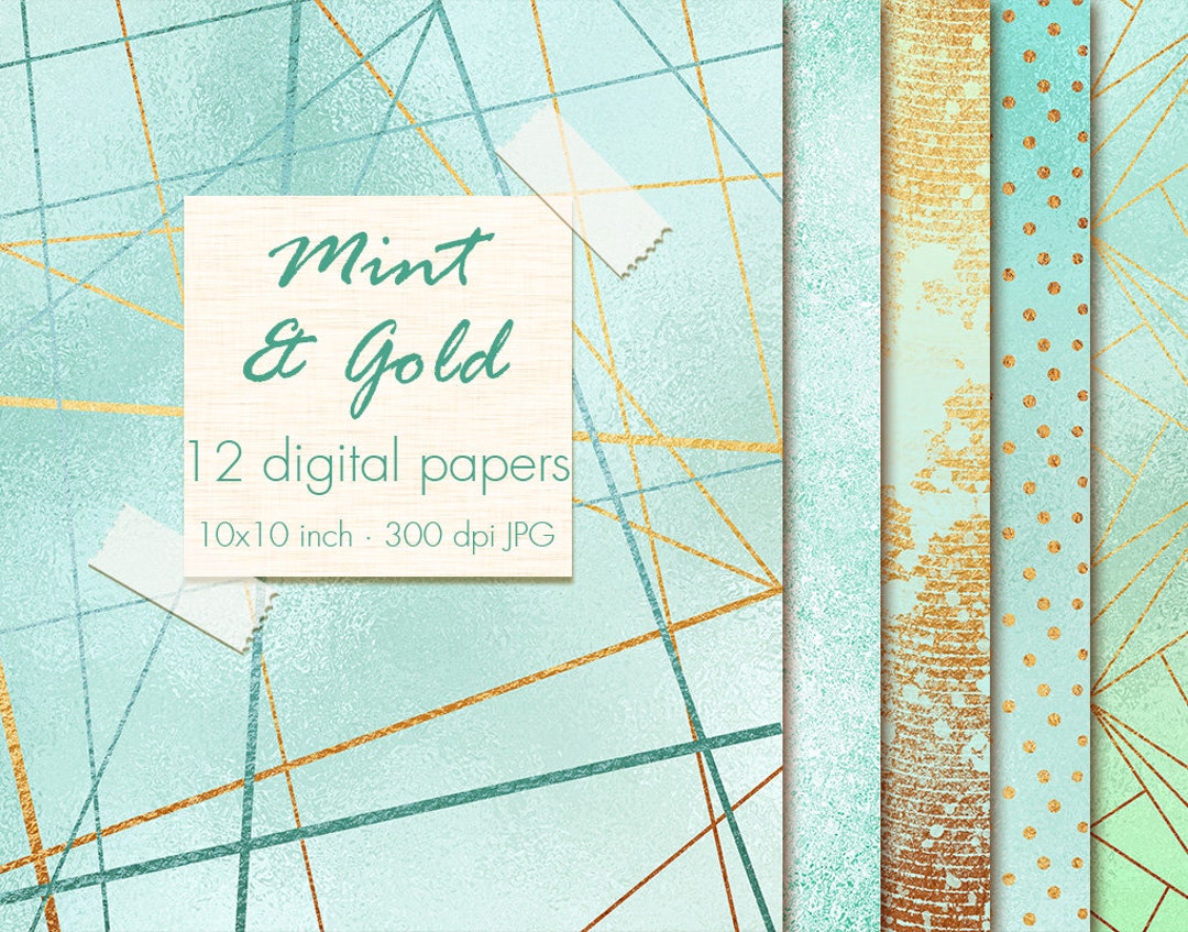 Mint Gold Digital Paper Clipart, Mint Green, Mint Wallpaper, Geometric ...