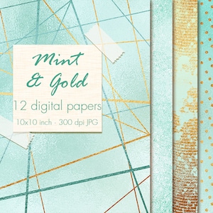 Mint Gold Digital Paper Clipart, Mint Green, Mint Wallpaper, Geometric ...