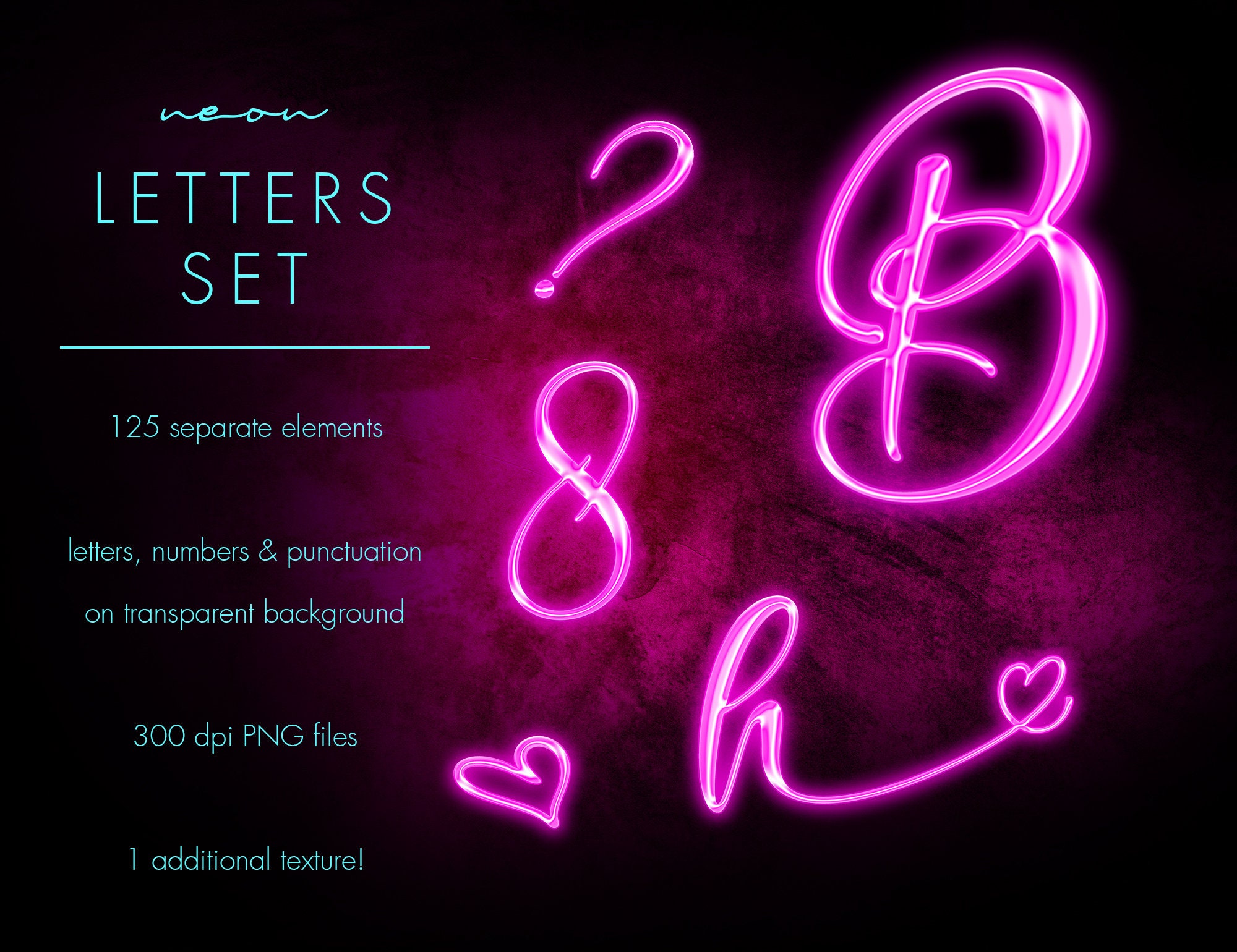 Pink neon alphabet clipart Neon letters with hearts Neon | Etsy