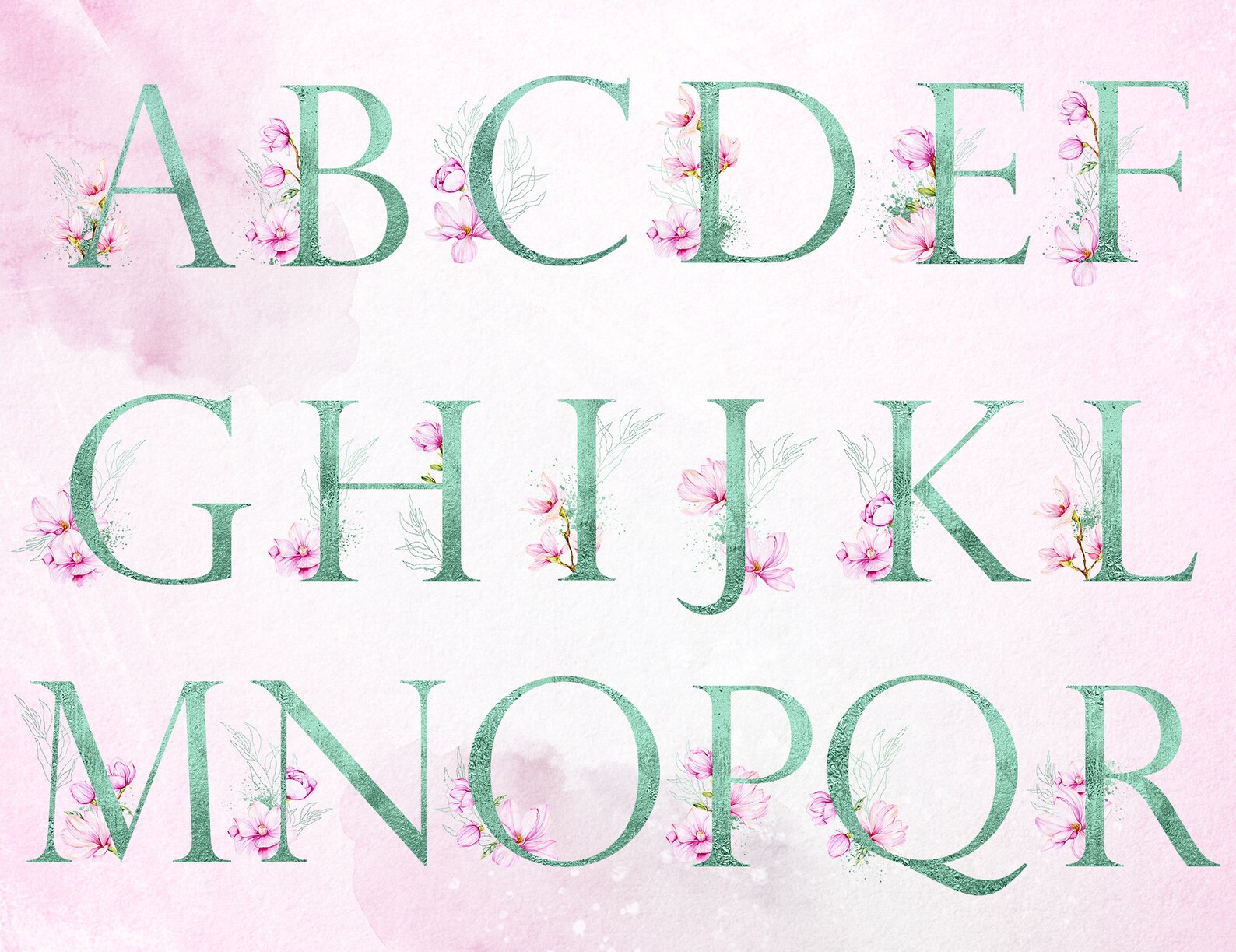 Mint Monogram Letters With Watercolor Magnolias Mint Alphabet - Etsy