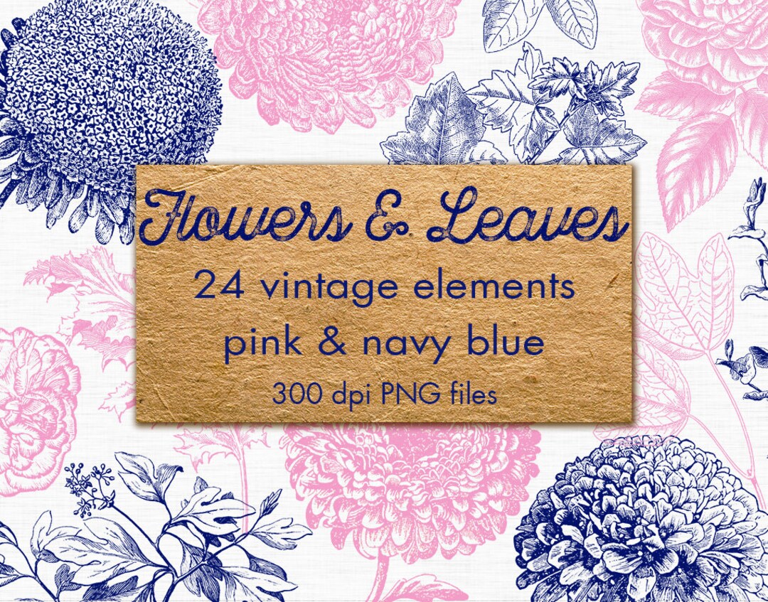 Blue and Pink Floral Overlays, Navy Blue Leaves Overlay Clipart, Pink ...