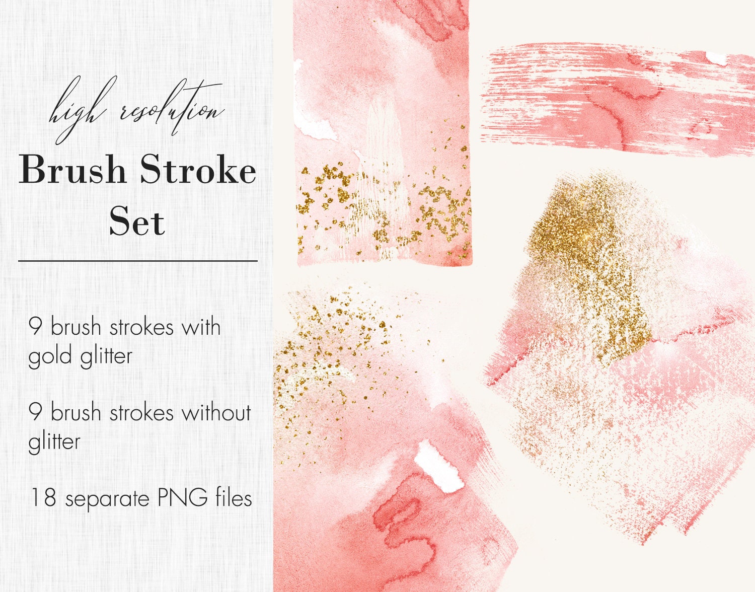 Blush watercolor brush strokes clipart Gold glitter brush | Etsy