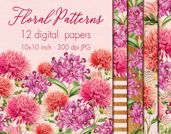 Floral Digital Paper Clipart Gold Paper Pack Pink | Etsy