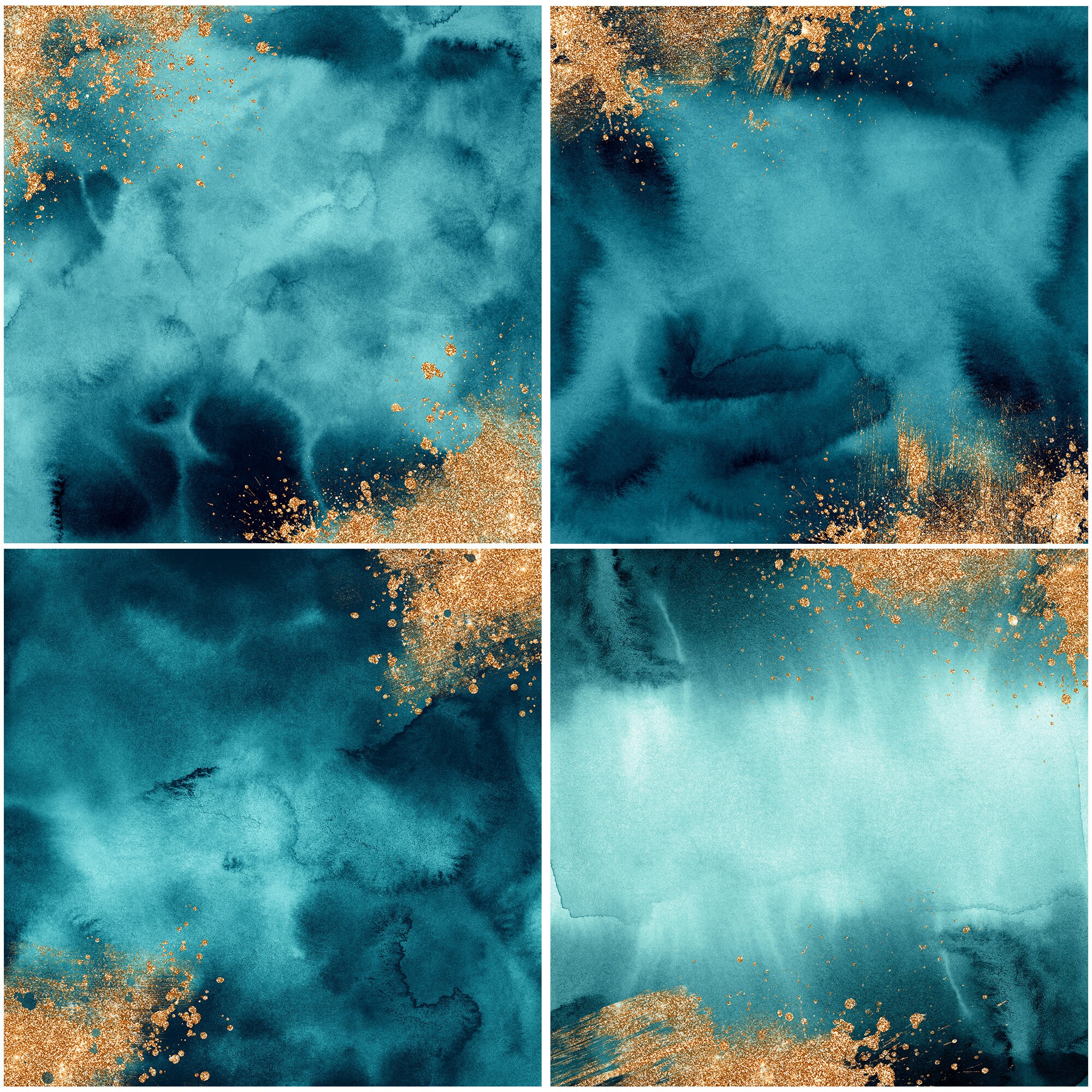 Cyan Digital Papers With Gold Foil Watercolor Digital Paper | Etsy