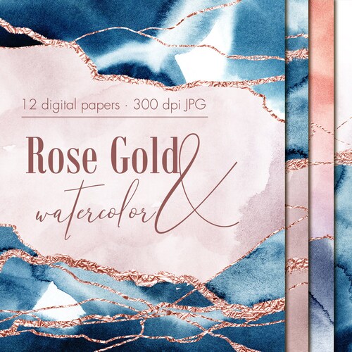 Navy & Rose Gold Watercolor and Foil Digital Papers - Etsy