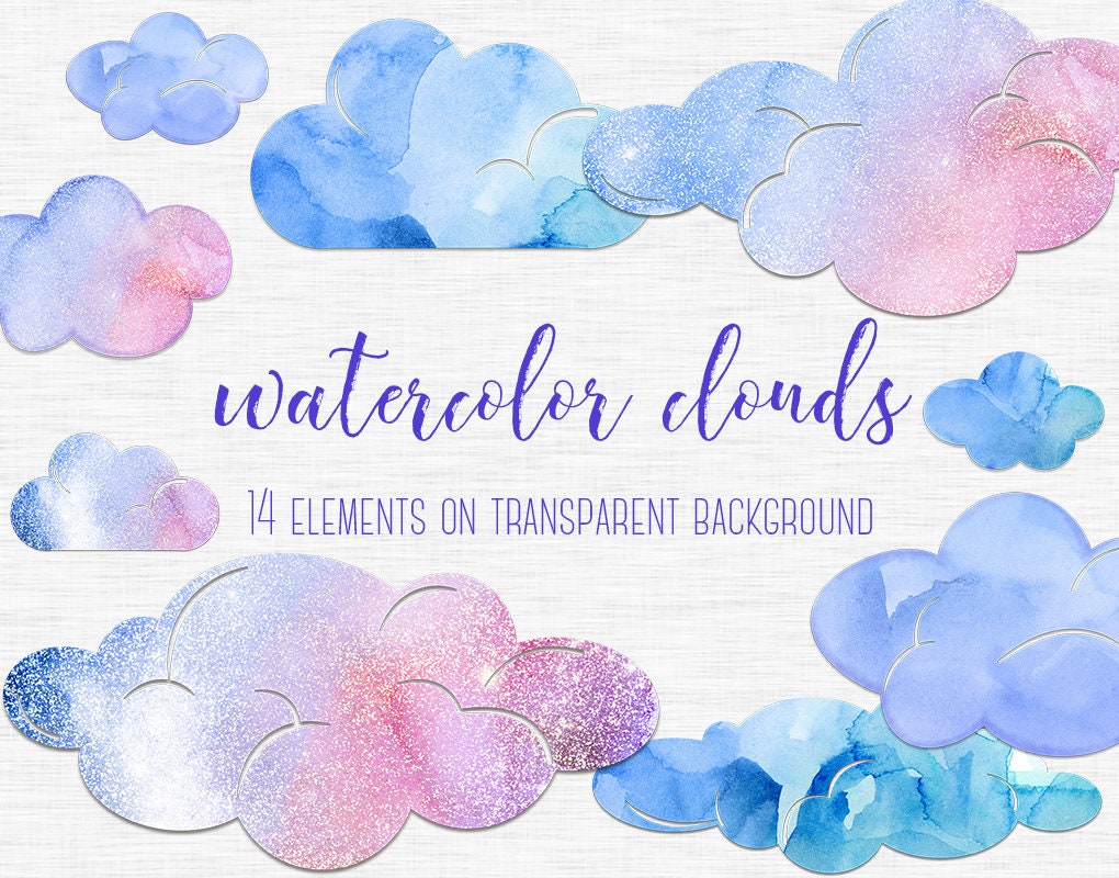Watercolor Glitter Clouds Clipart Watercolor Cloud Clip Art - Etsy