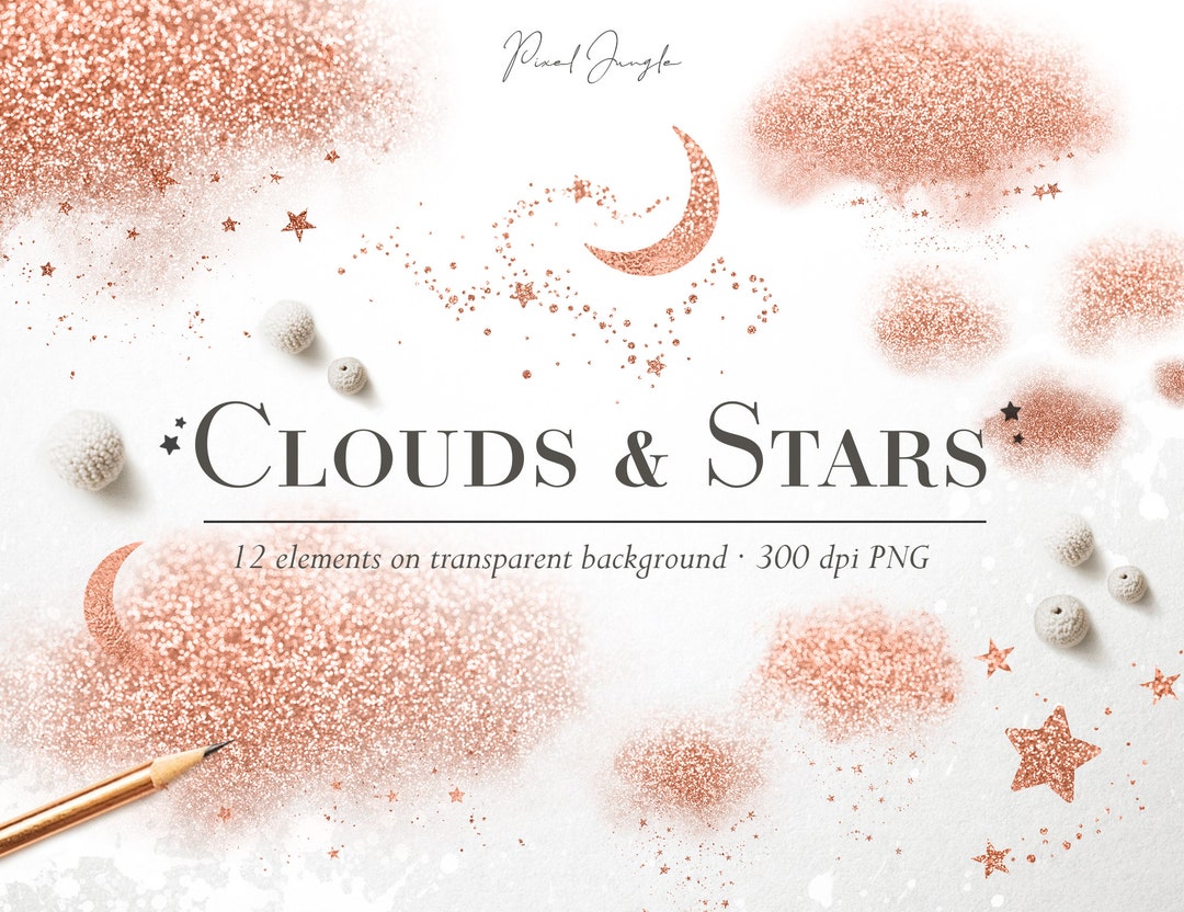Rose Gold Clouds and Stars, Rose Gold Star Digital Overlays, Celestial ...