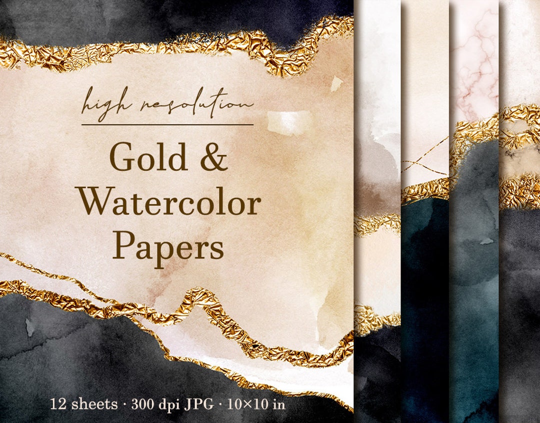 Gold and Watercolor Digital Papers, Watercolor Paper Pack, Gold and ...