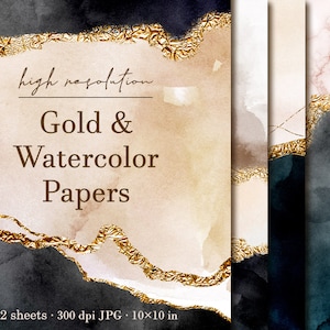 Gold and Watercolor Digital Papers, Watercolor Paper Pack, Gold and ...