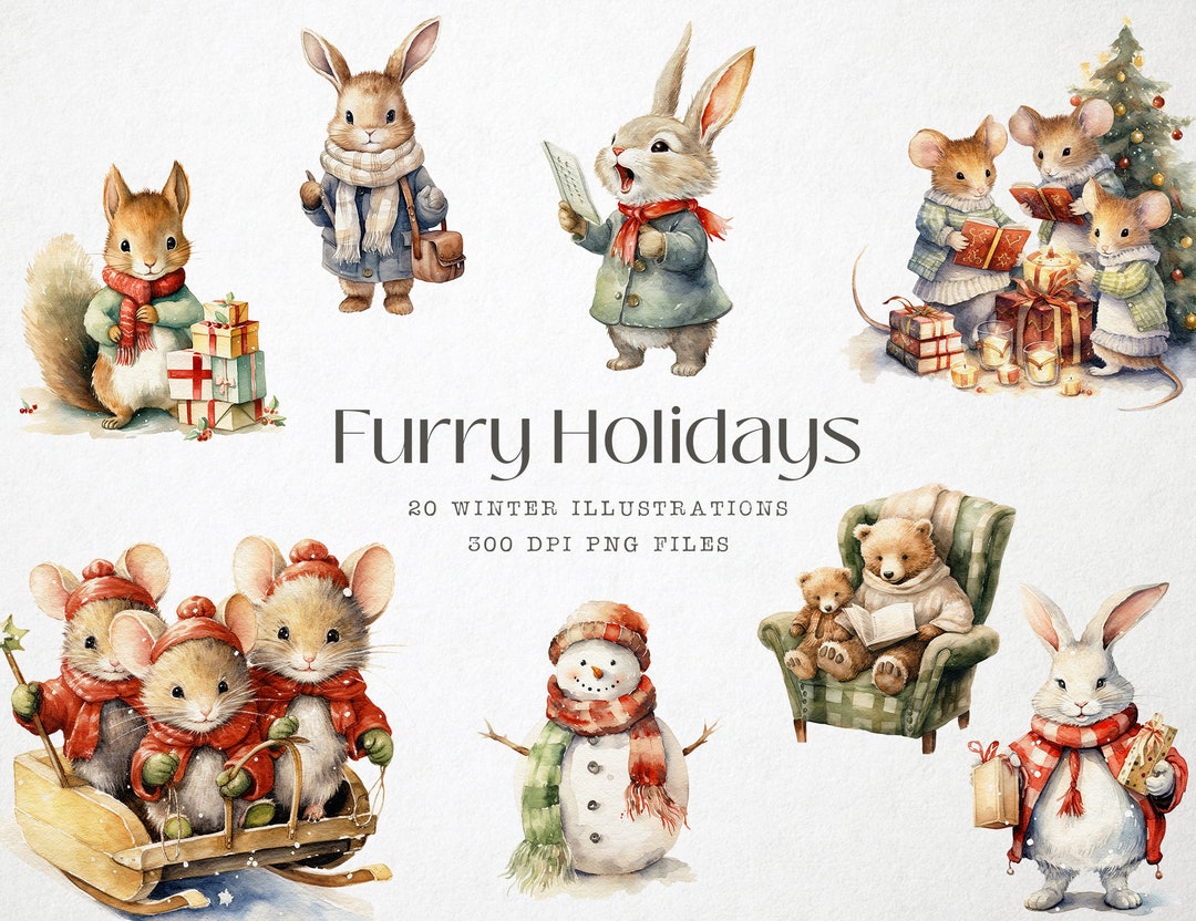 Furry Holidays Watercolor Clip Art, Rabbit Clipart, Winter Clip Art ...