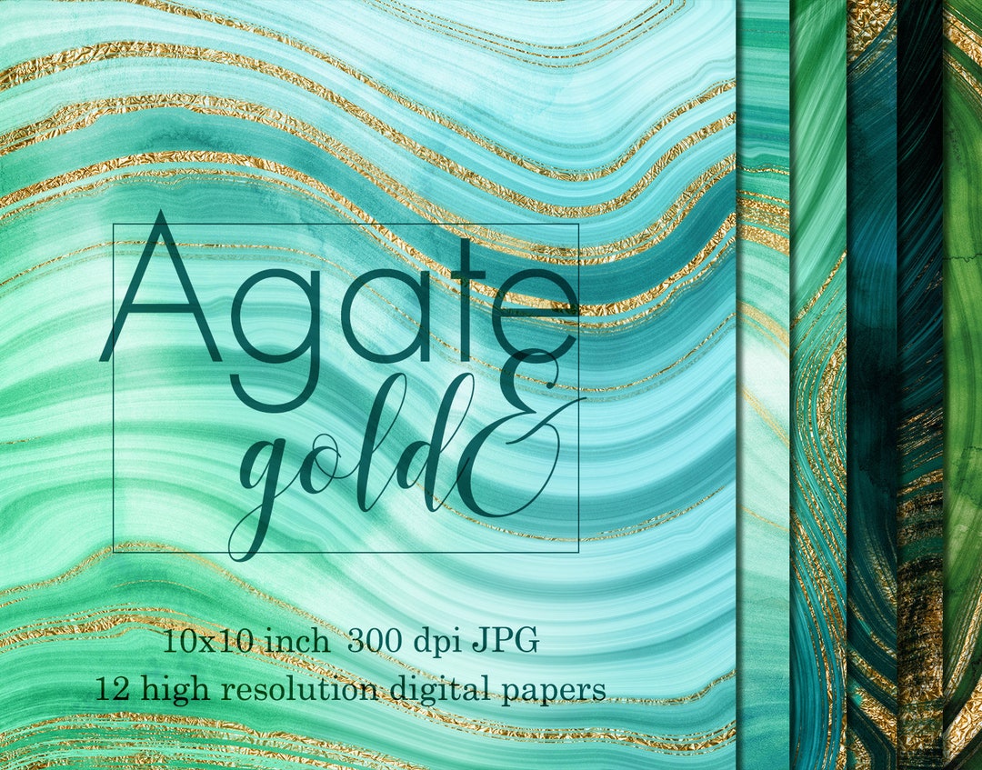 Emerald Green Agate Digital Paper: Gold Veins, Watercolor Textures (JPG ...