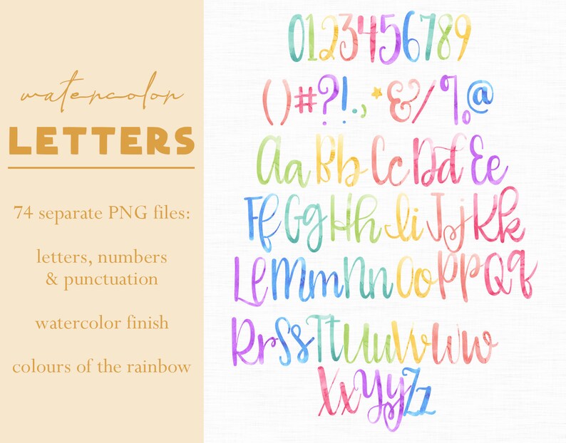 Rainbow Watercolor Alphabet Clipart: 74 PNG Letters, Numbers (digital ...
