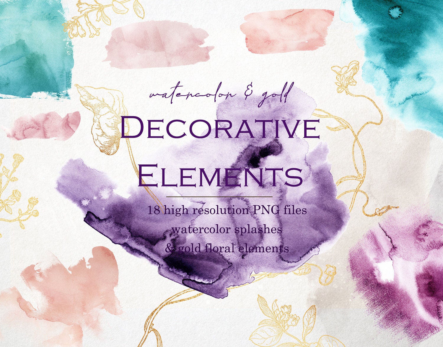 Watercolor Paint Splashes With Gold Floral Elements - Etsy