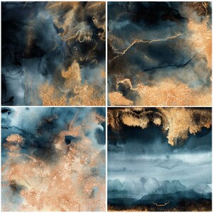 Navy Blue Digital Papers With Gold Foil, Watercolor Digital Paper ...