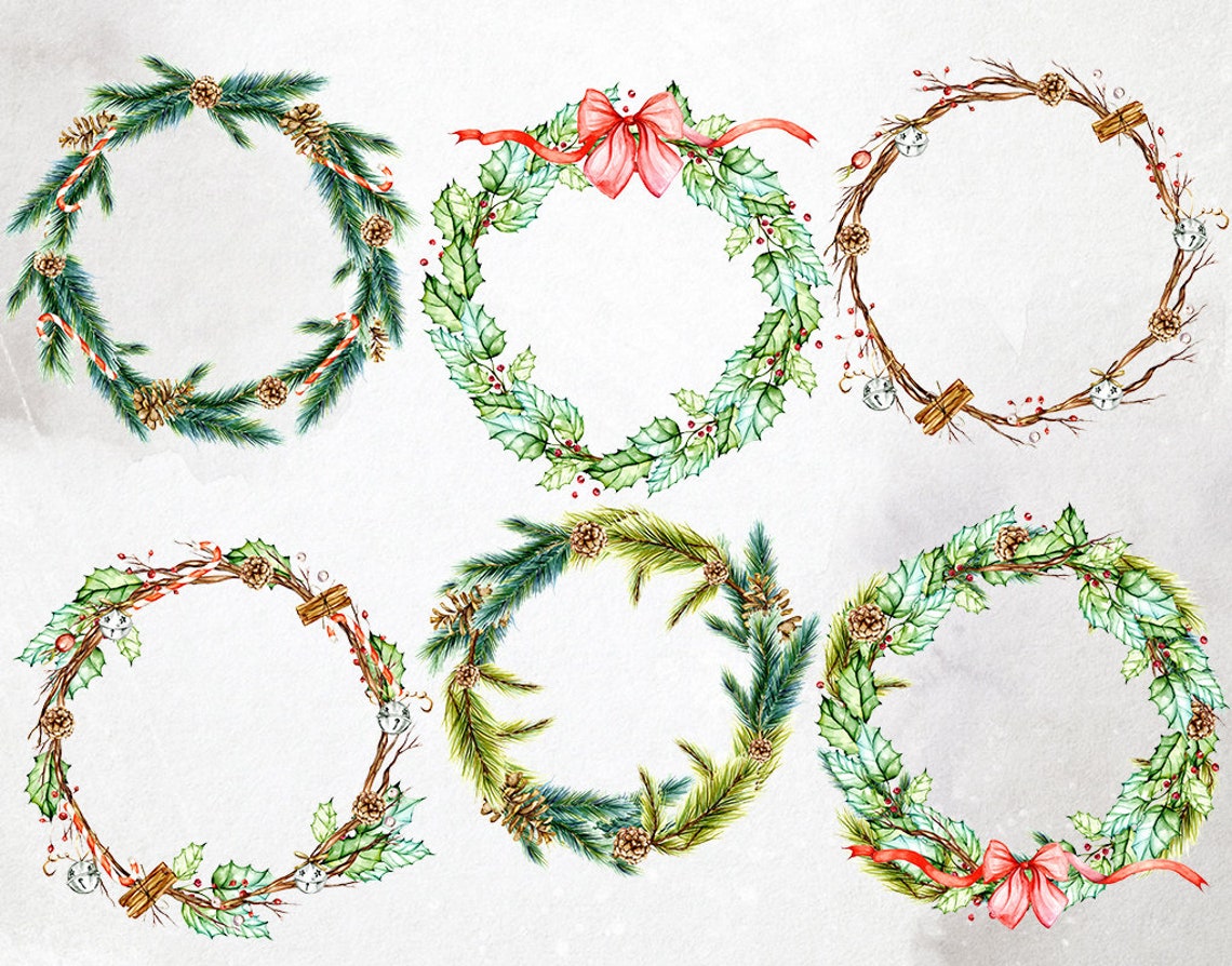 Watercolor Christmas Wreaths Clipart Hand Painted Wreath | Etsy