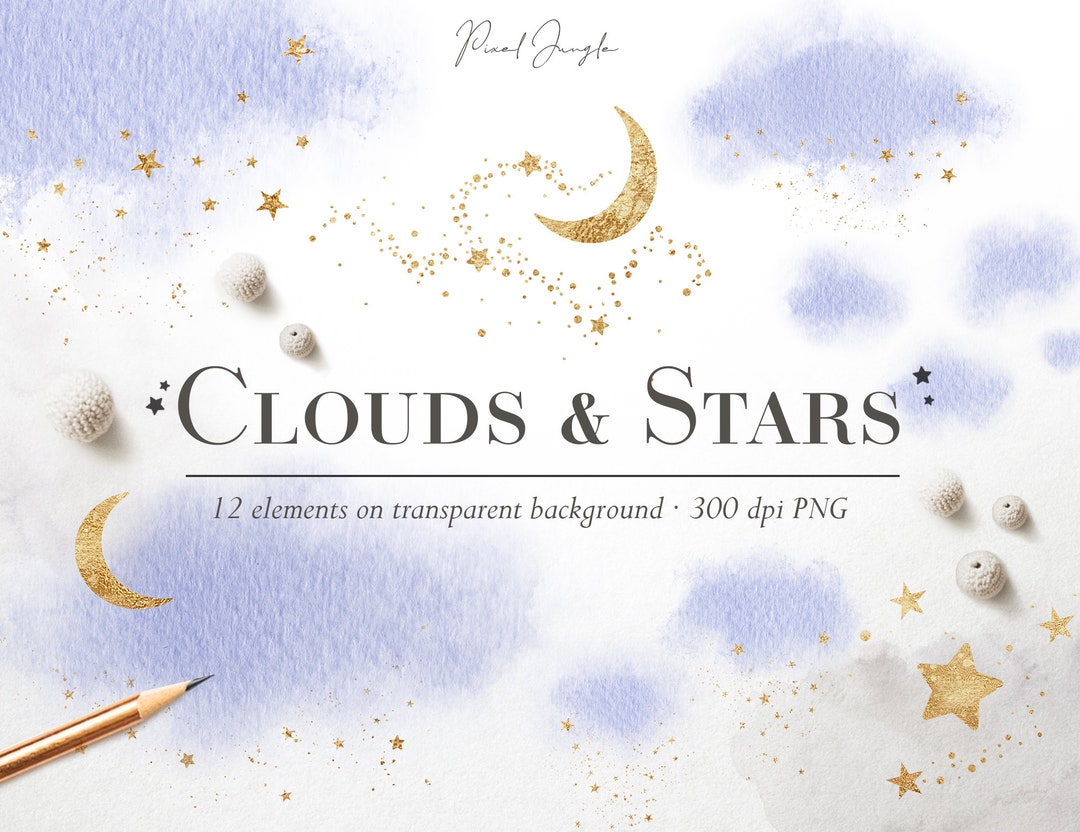 Blue Watercolor Clouds and Gold Stars Clipart (digital Download) - Etsy