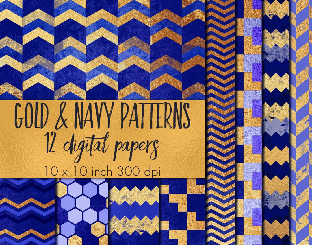 Navy Blue & Gold Chevron Digital Paper, Gold Foil Paper Pack, Blue ...