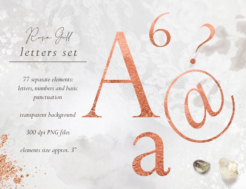 Rose Gold Alphabet Clipart: Metallic Letters, Numbers, Symbols (PNG ...
