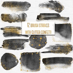 Black Watercolor Brush Strokes Clipart, Gold Glitter Brush Strokes Clip ...