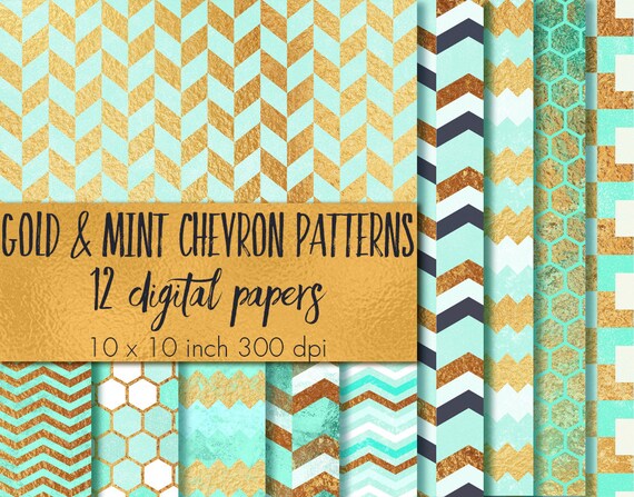 Mint and Gold Chevron Digital Paper Pack Mint Green Foil | Etsy