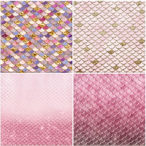 Pink Mermaid Scales Digital Paper Set, Watercolor Paper, Gold Scales ...